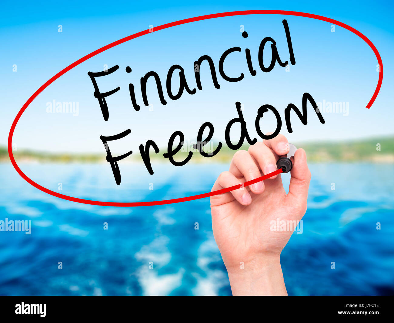 Man Hand writing Financial Freedom with black marker on visual screen ...