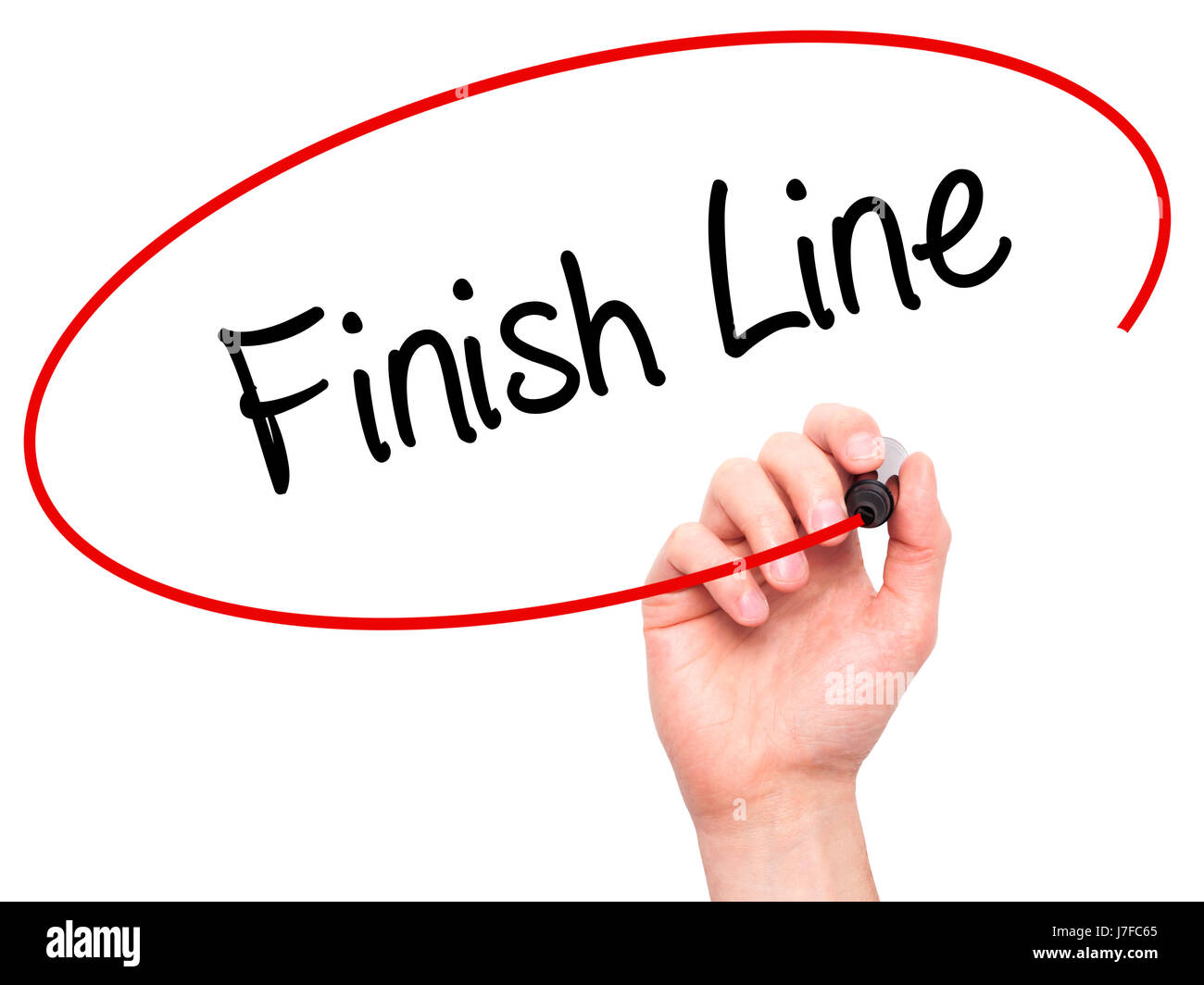 Man Hand writing Finish Line with black marker on visual screen ...