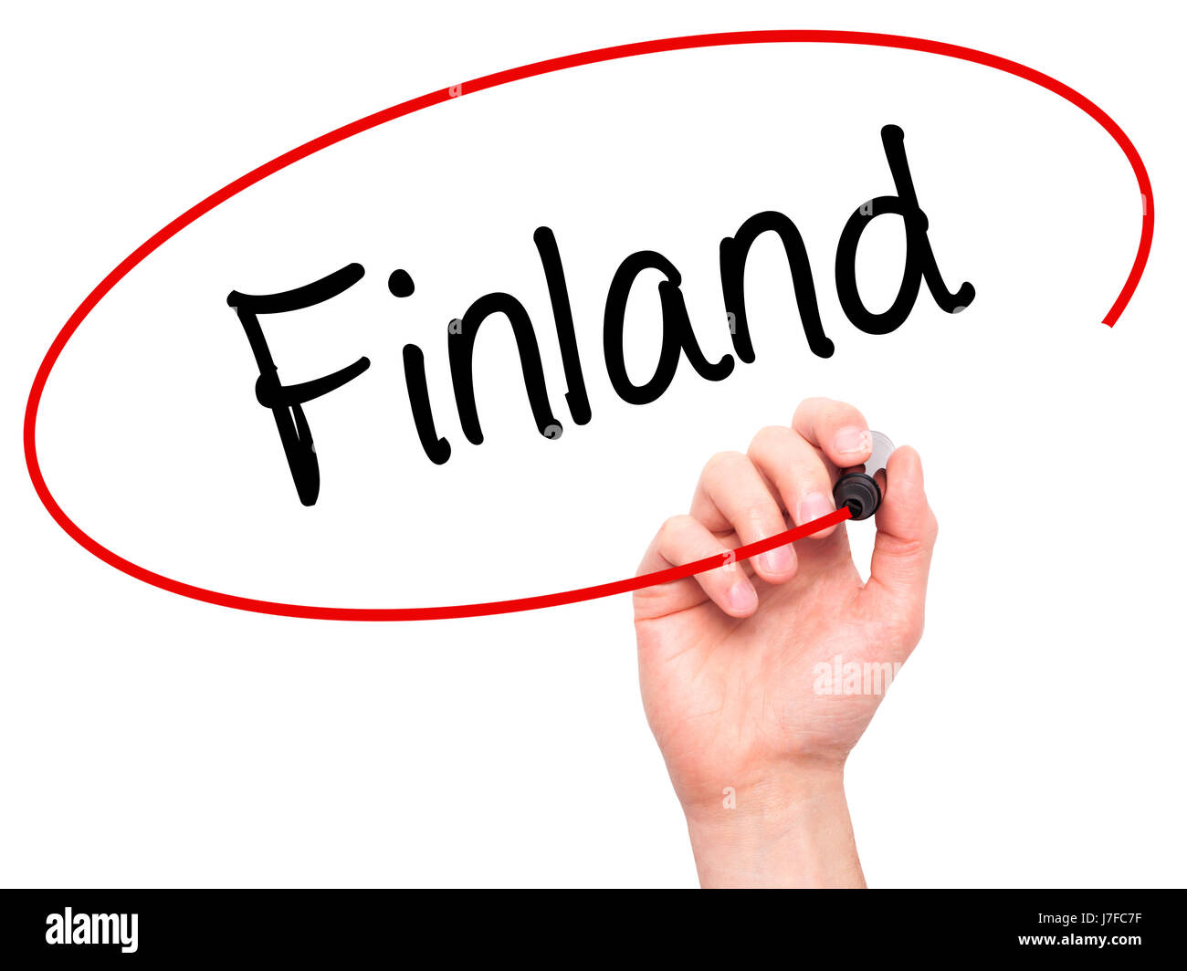 Man Hand writing Finland with black marker on visual screen. Isolated ...