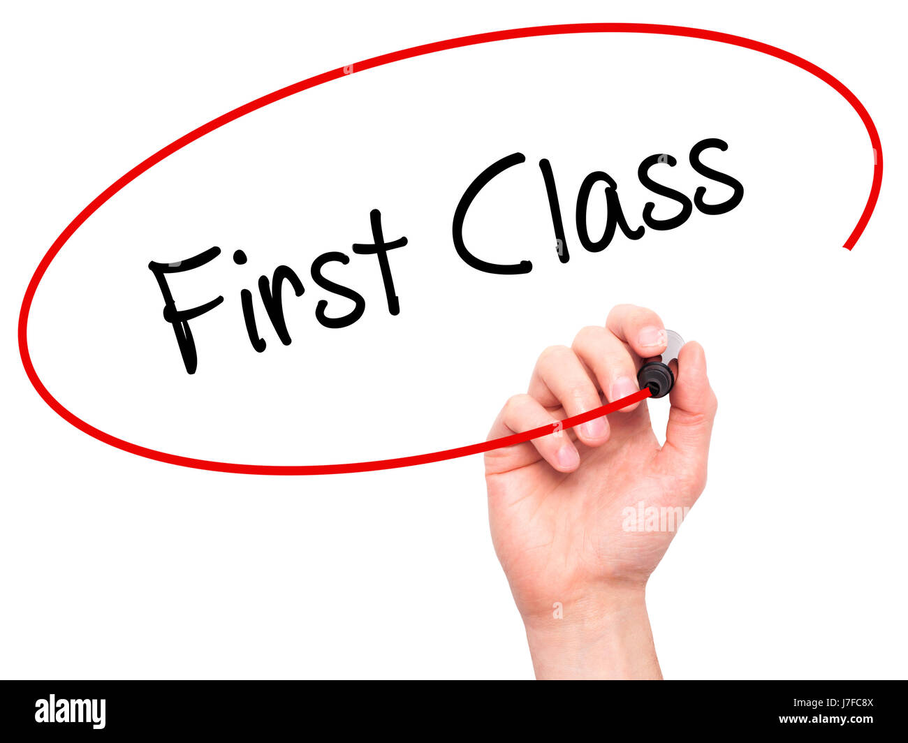 Man Hand writing First Class with black marker on visual screen ...