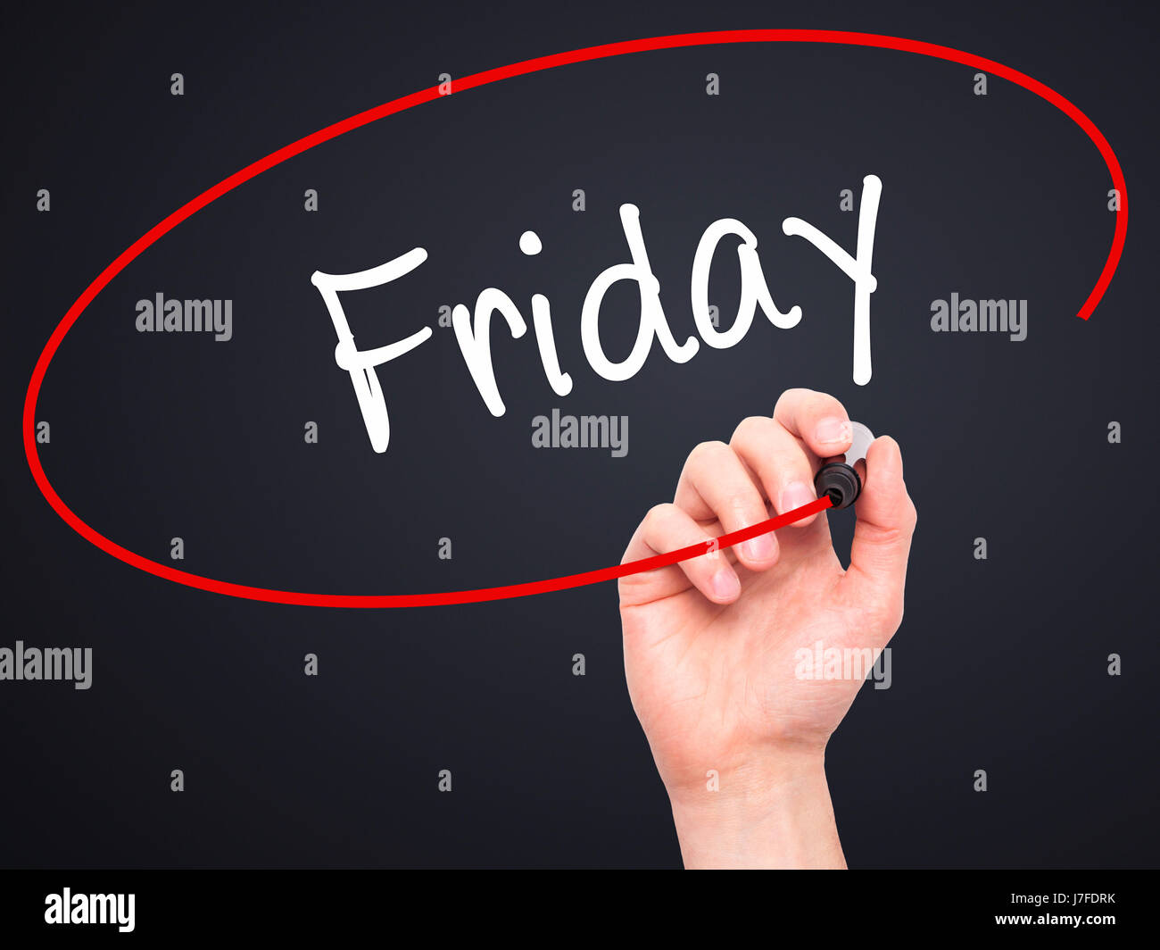 Man Hand writing Friday with black marker on visual screen. Isolated on ...