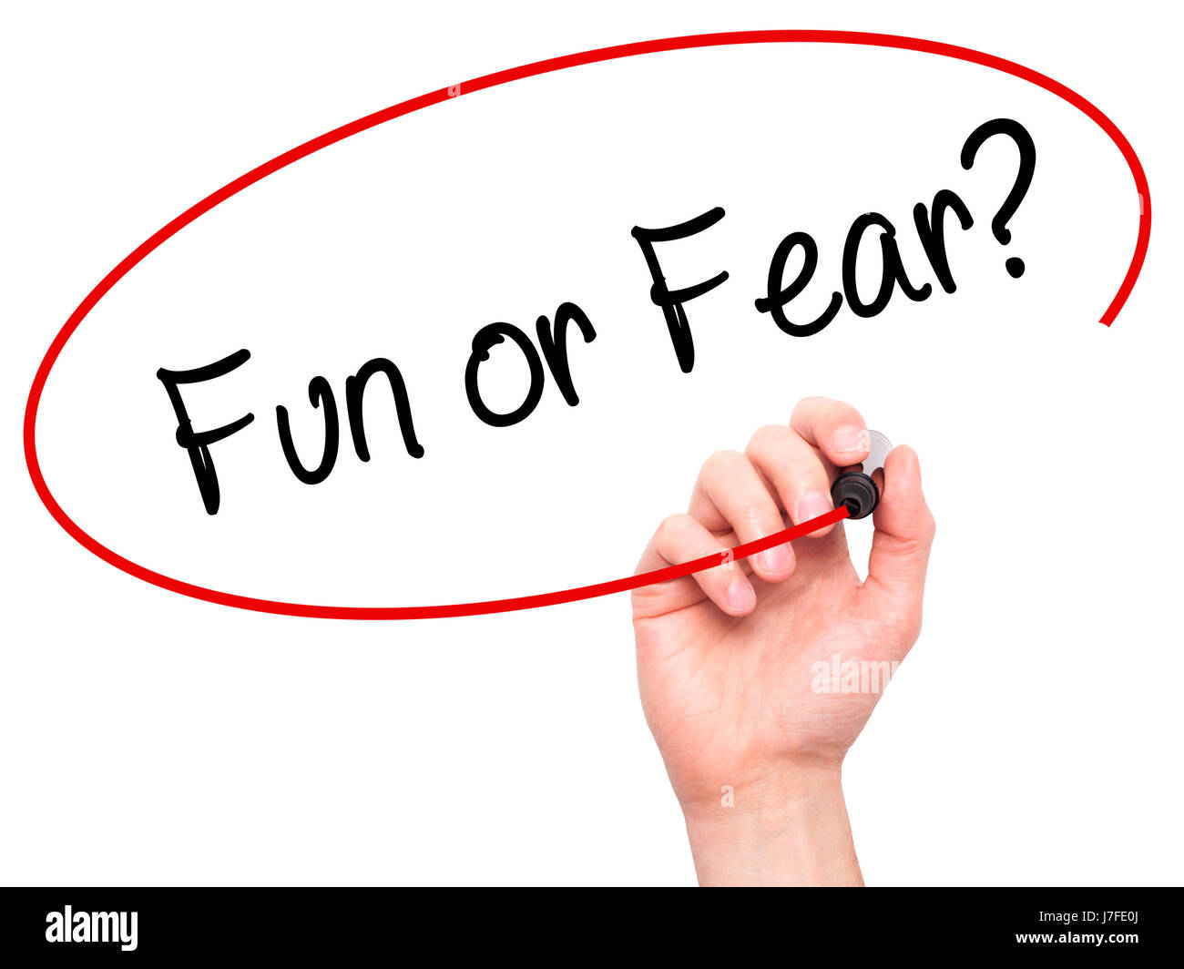 Man Hand writing Fun or Fear? with black marker on visual screen ...