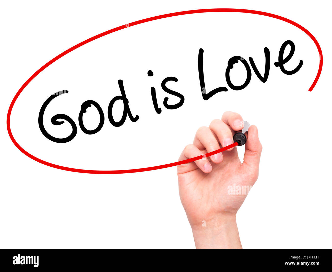 Man Hand writing God is Love with black marker on visual screen ...