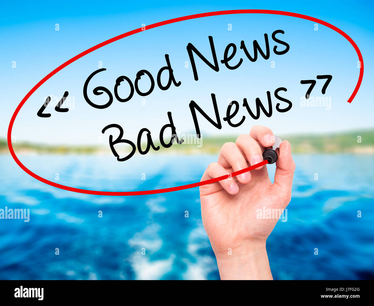 Man Hand writing Good News - Bad News with black marker on visual ...