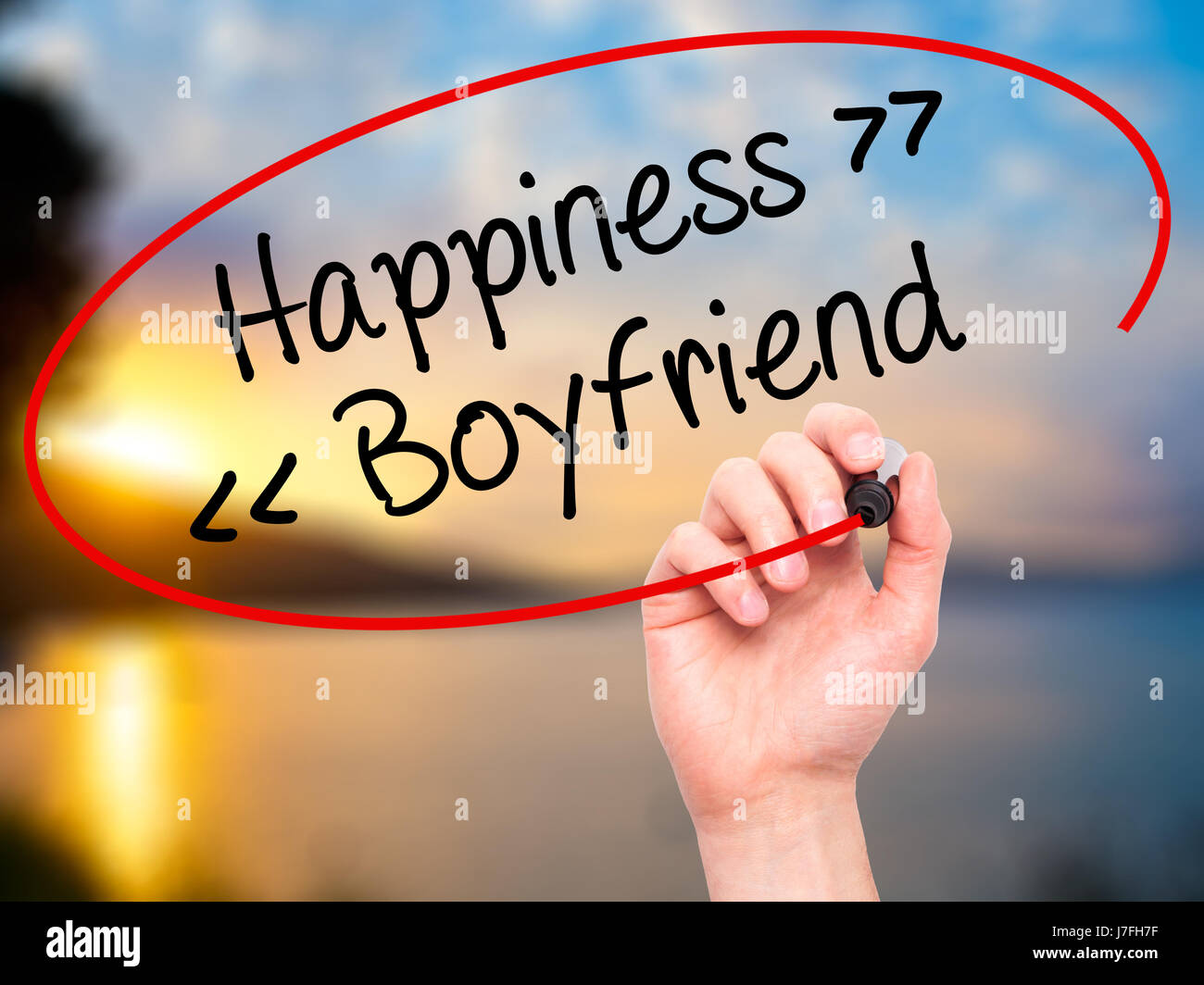 Man Hand writing Happiness - Boyfriend with black marker on visual ...