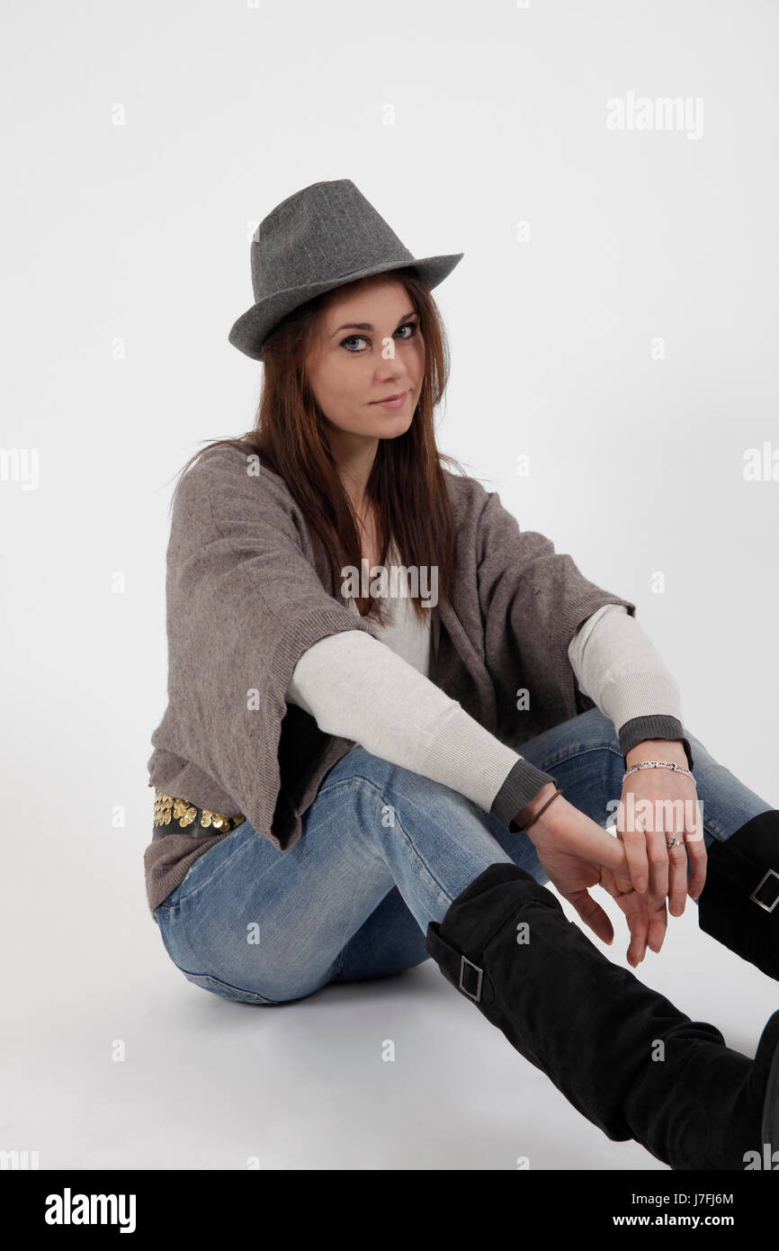 hat studio put sitting sit siting girl girls woman humans human beings ...