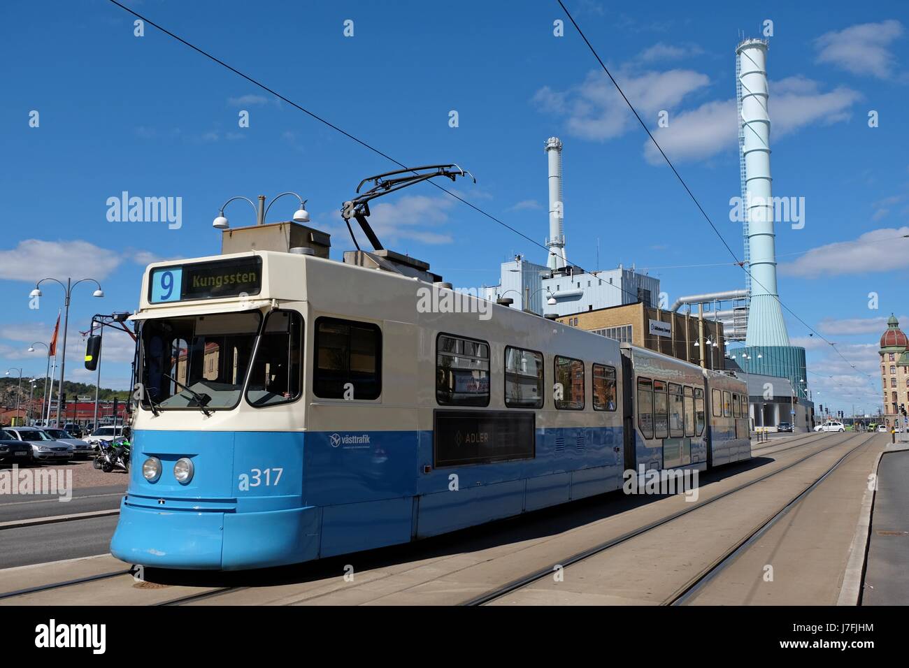 Gothenburg, Sweden - May, 2017: Tram on a street and tubes of Goteborg ...