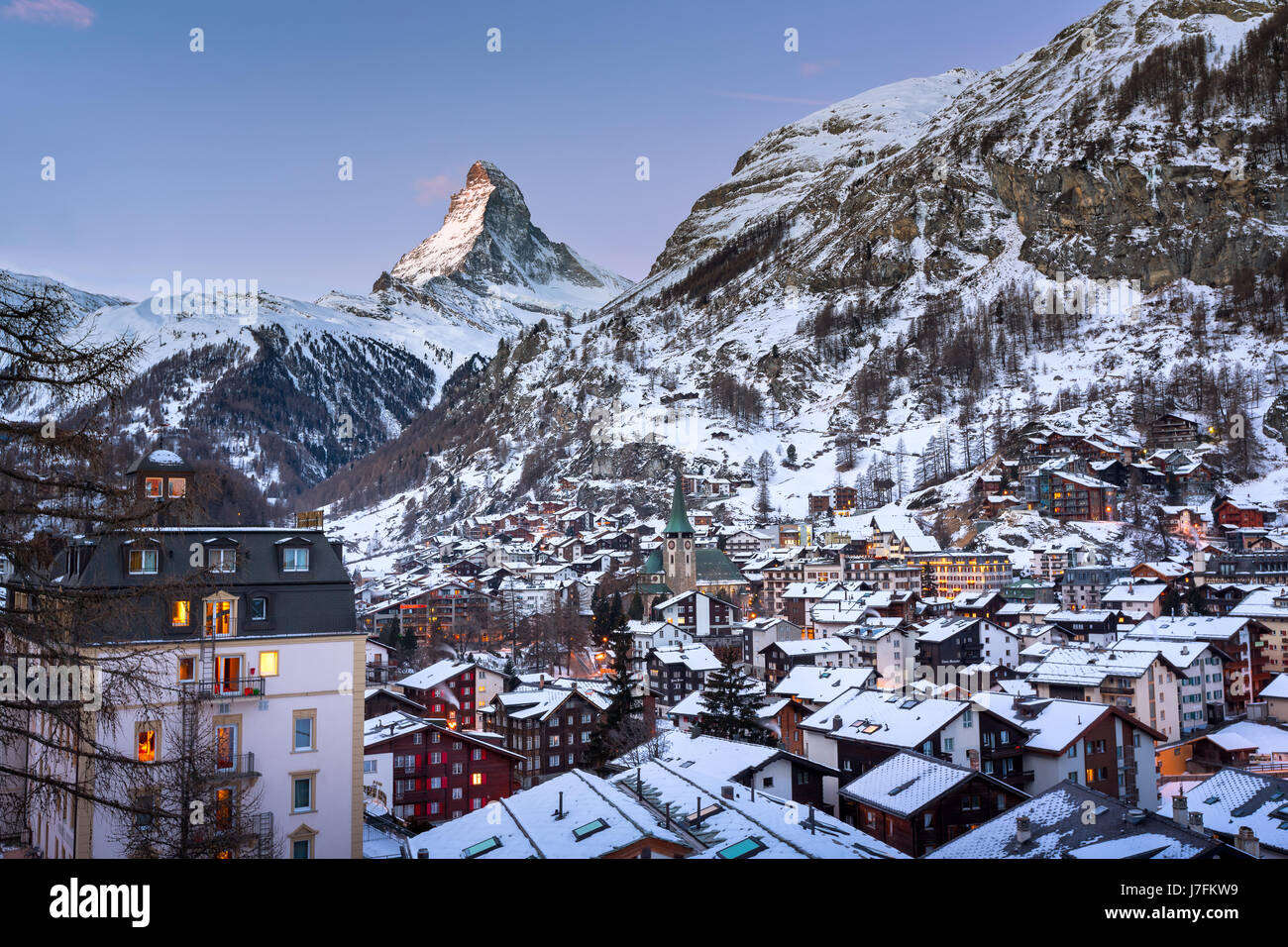 Aerial View on Zermatt Valley and Matterhorn Peak at Dawn, Switzerland ...