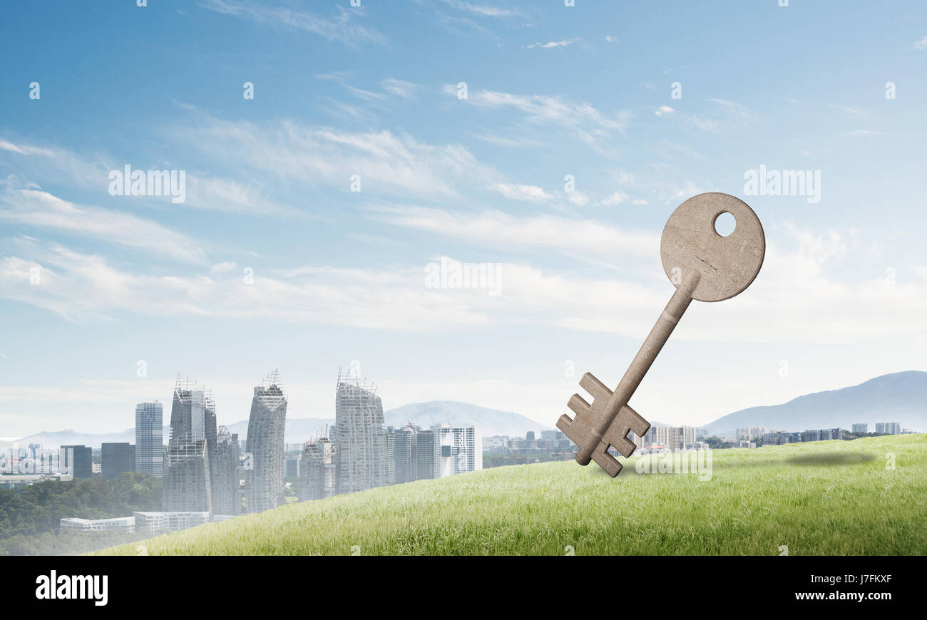 Conceptual background image of concrete key sign and natural landscape ...