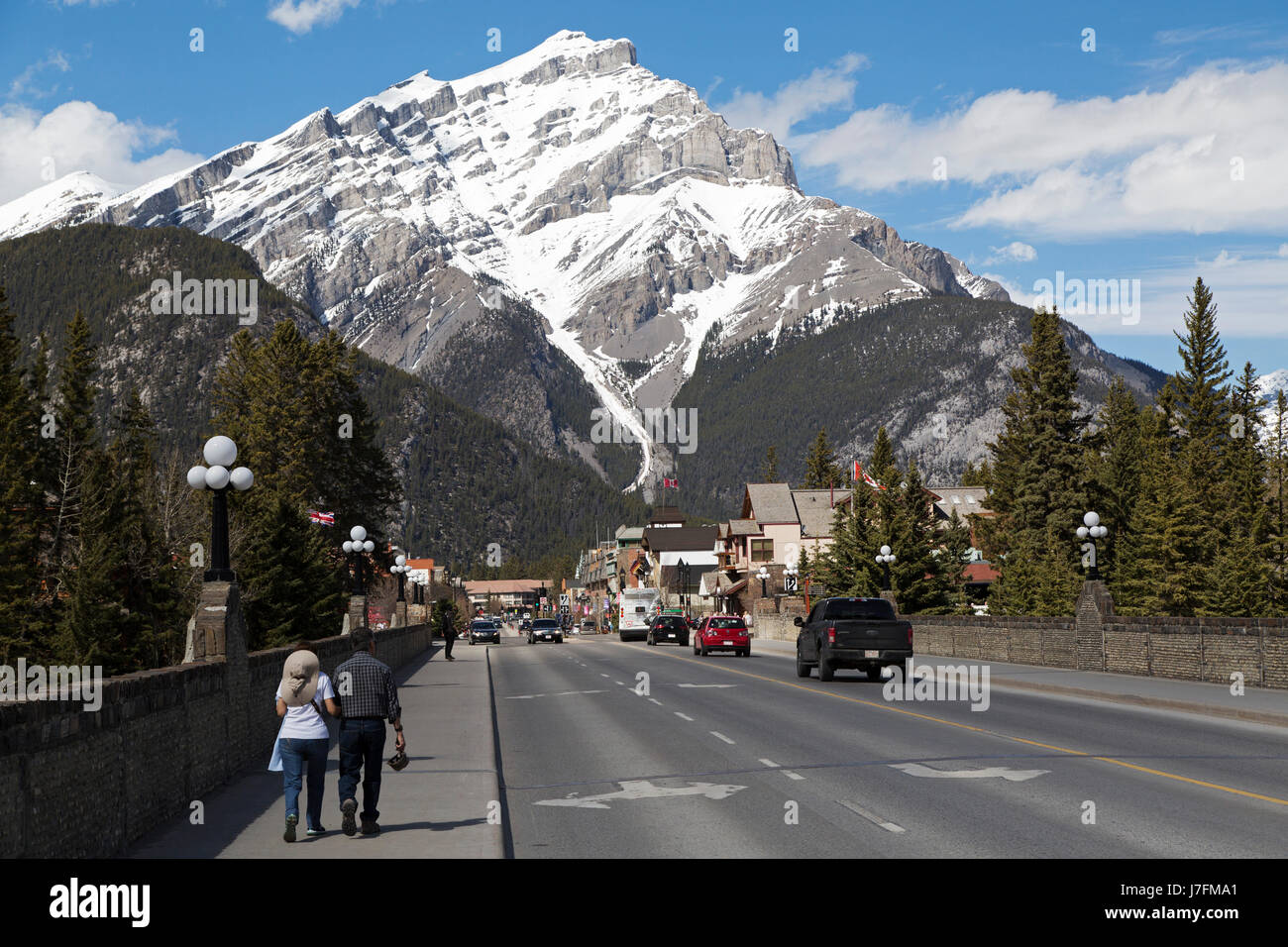 Traffic on Banff Avenue in Banff, Alberta, Canada. The town is in the ...