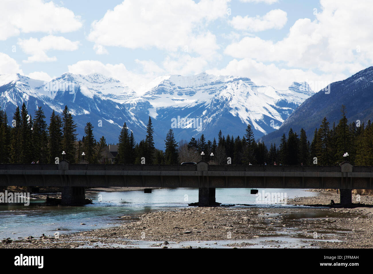 Road bridge over the Bow River in Banff, Alberta, Canada. The Canadian ...