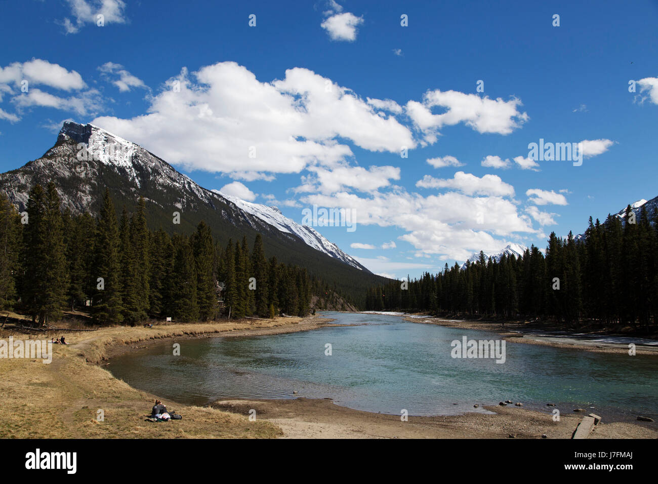 Bow River flows by Banff, Alberta, Canada. Sulphur Mountain, part of ...