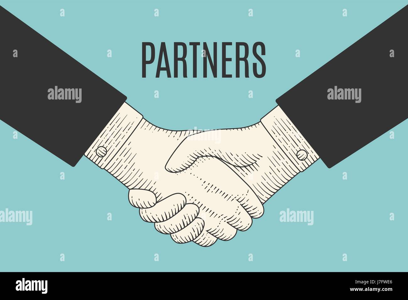 Vintage drawing of handshake in engraving style with text Partners ...
