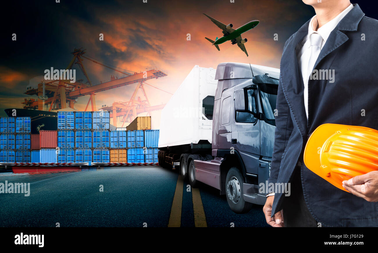 working man and container truck ,ship in port and freight cargo plane ...