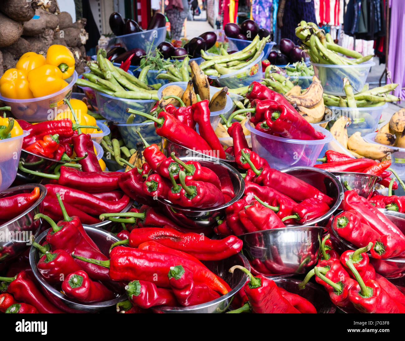 Vegetable market stall in London selling red peppers Stock Photo - Alamy