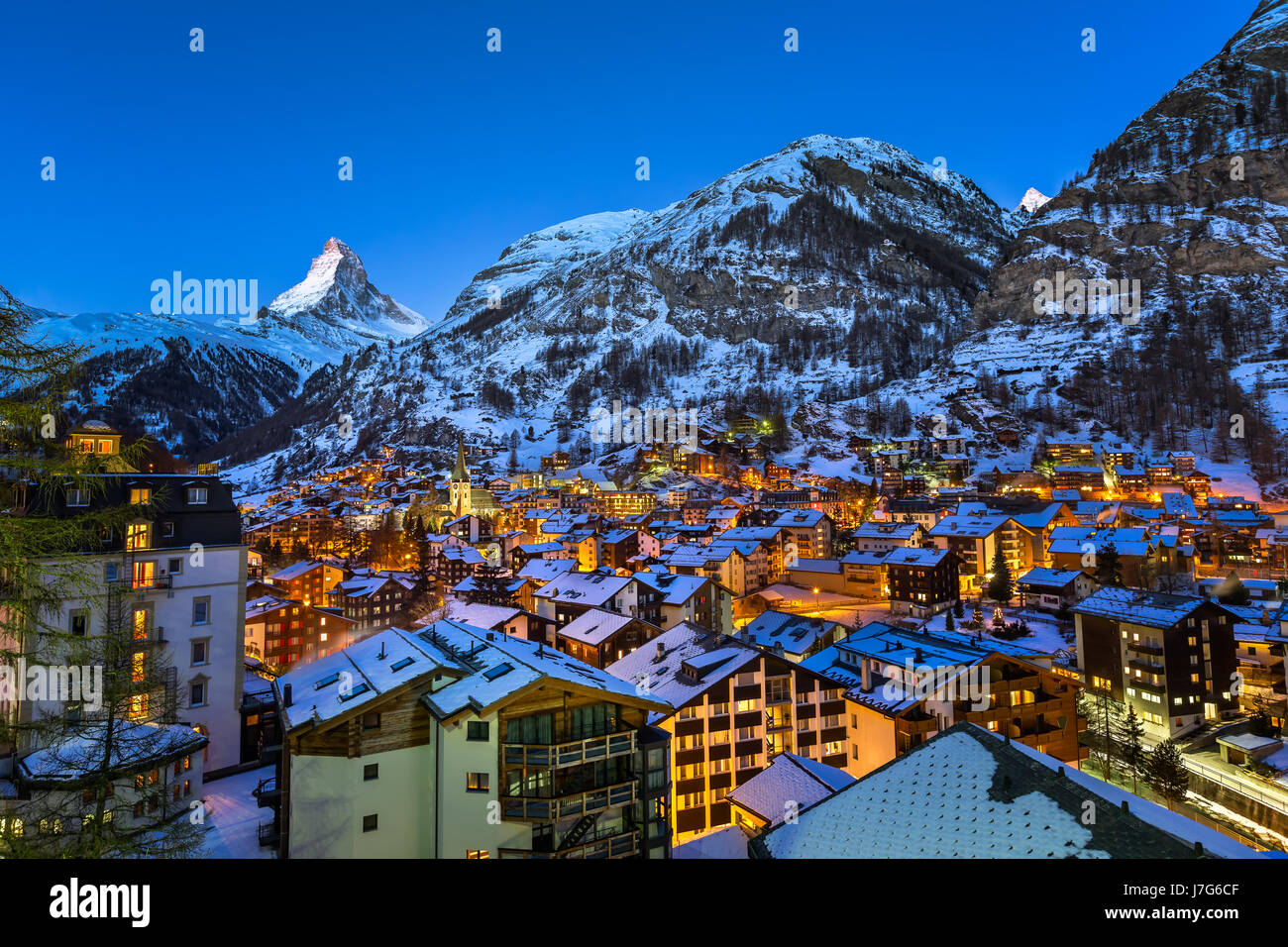 Aerial View on Zermatt Valley and Matterhorn Peak at Dawn, Switzerland ...