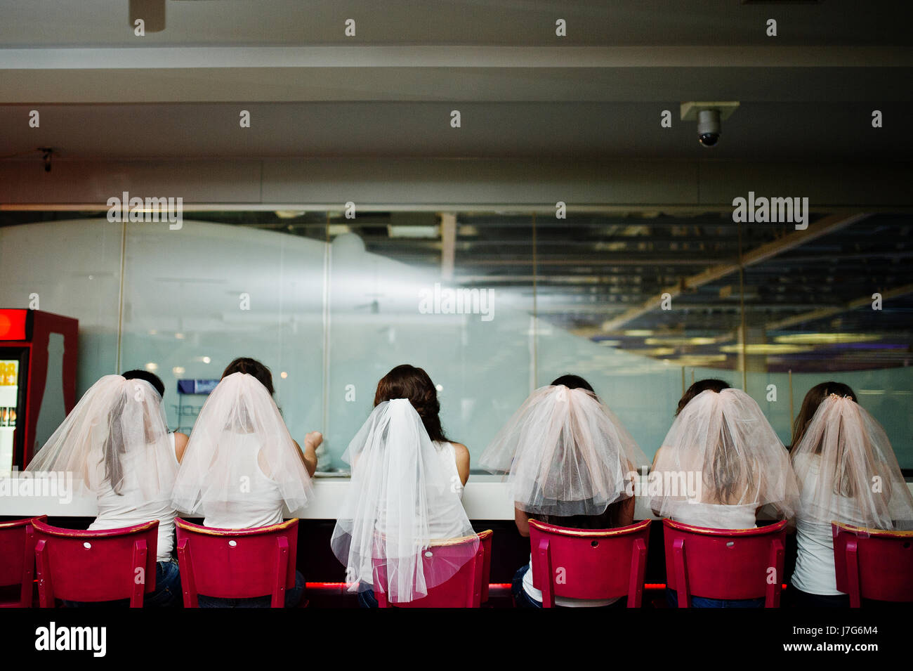Back of six girls on veil sit at the bar stools on hen party Stock ...