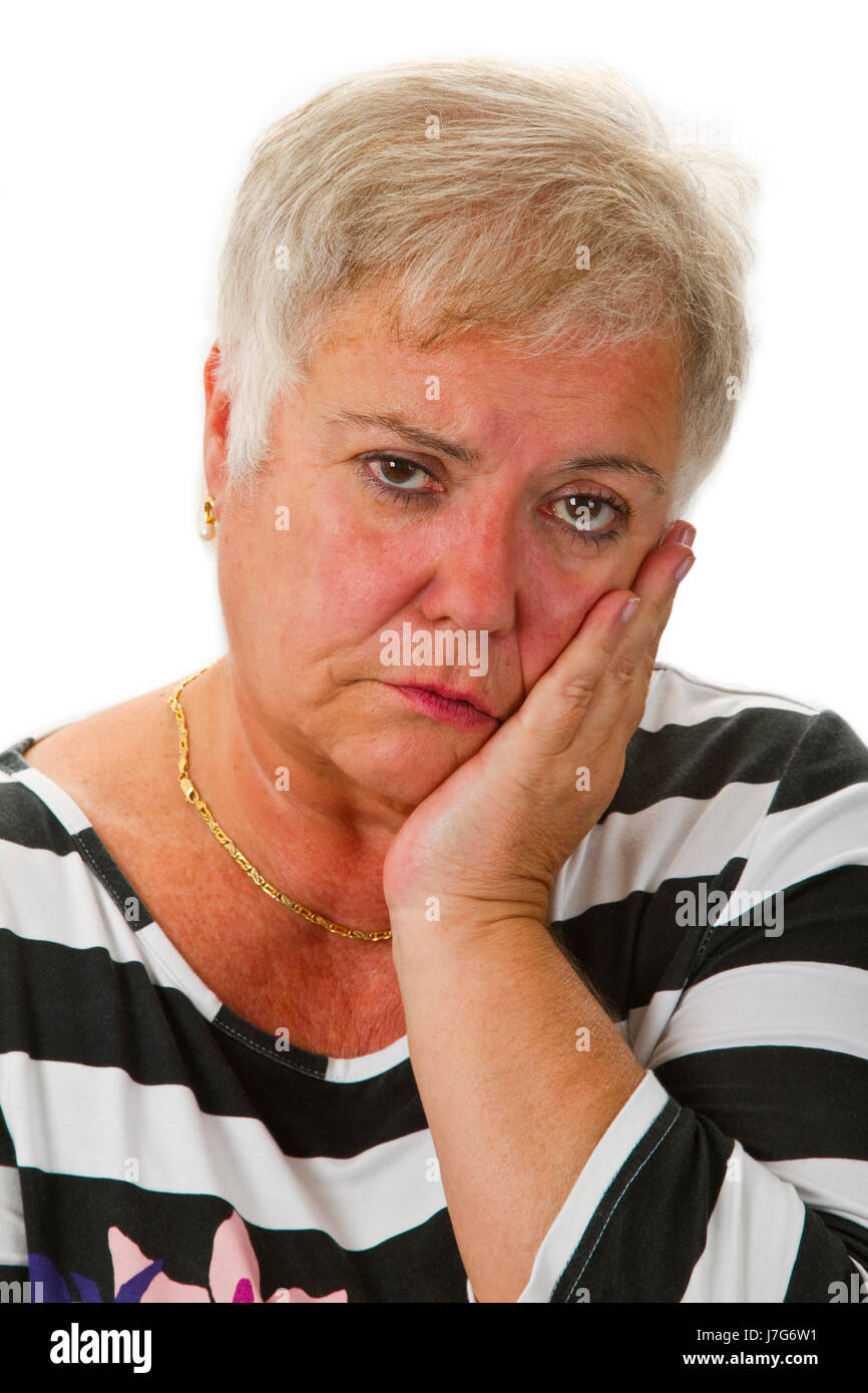 Sad female senior - isolated on white background Stock Photo - Alamy