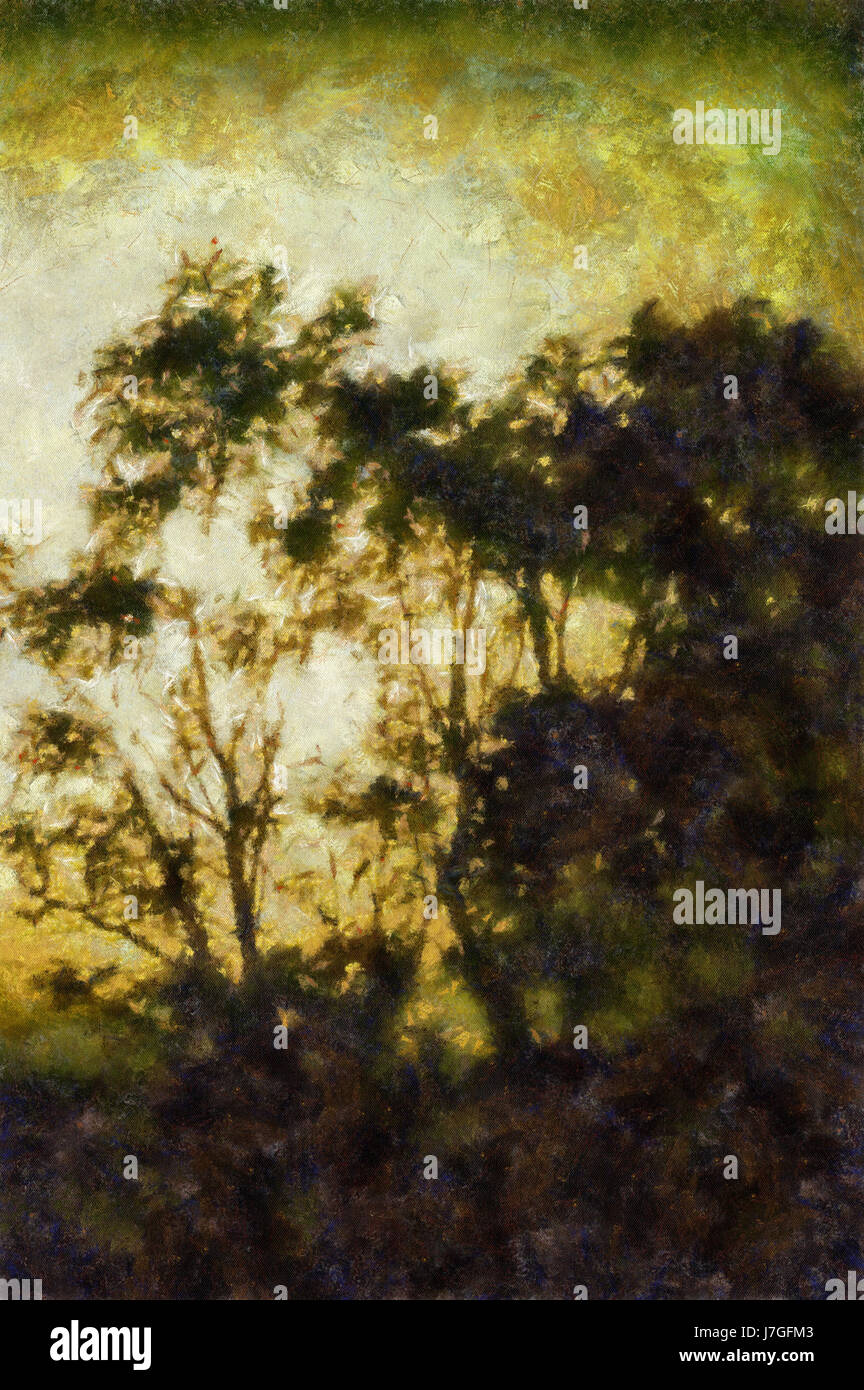 tree sunset leaves painting sunrise branch leave foliage fall autumn ...