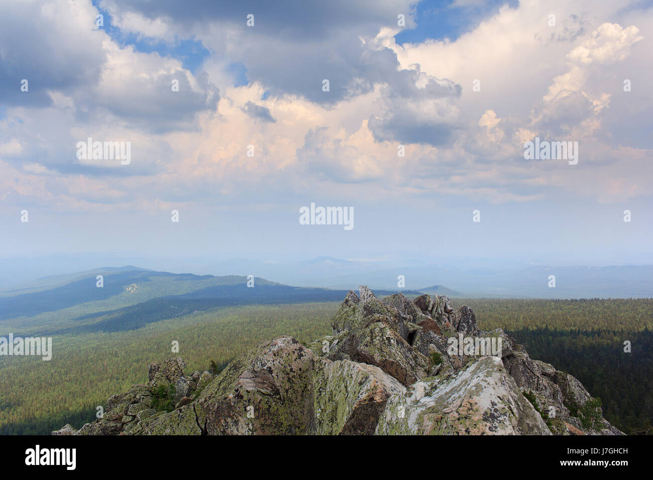 Panoramic view of the mountains and cliffs, South Ural. Summer in the ...