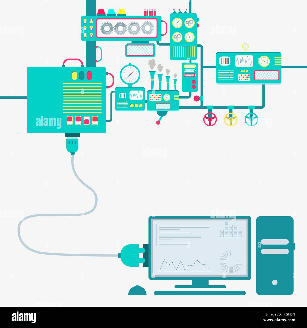 Electric supply of a desktop with graphic interface. Computer connected ...