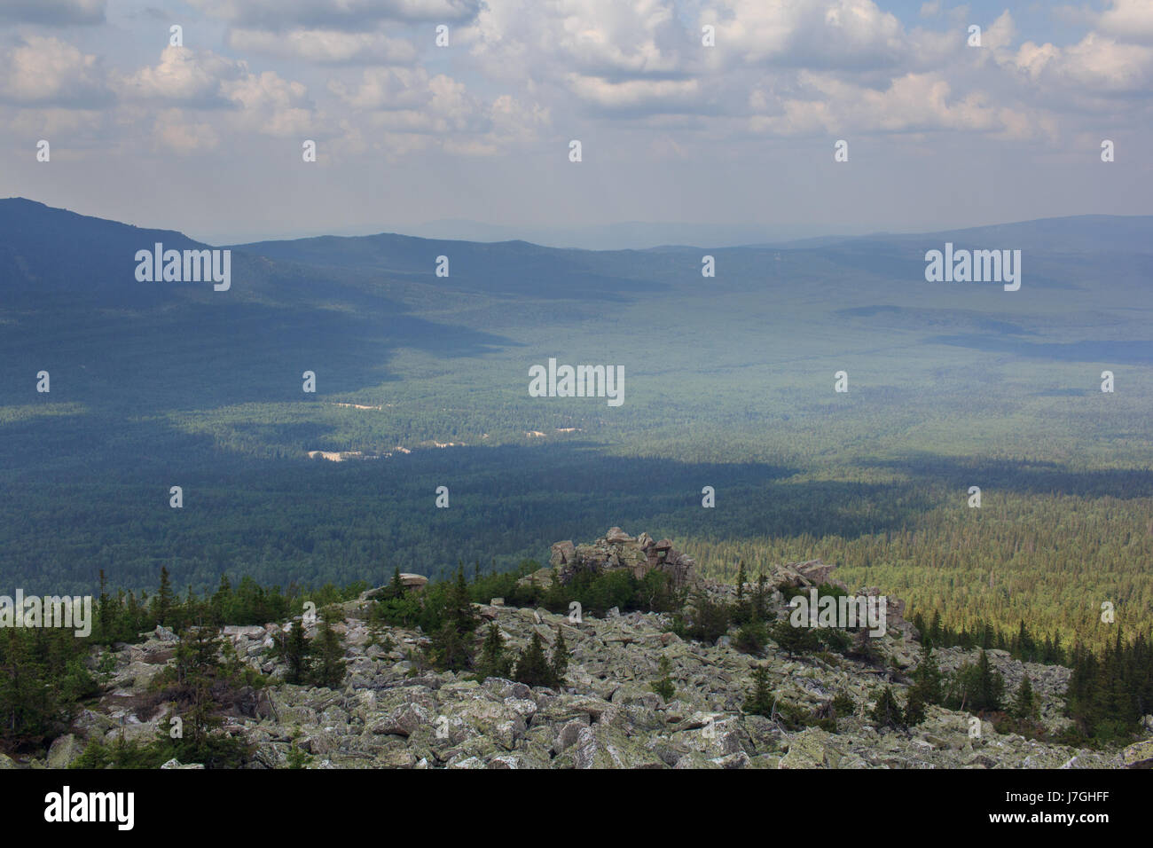 Panoramic view of the mountains and cliffs, South Ural. Summer in the ...