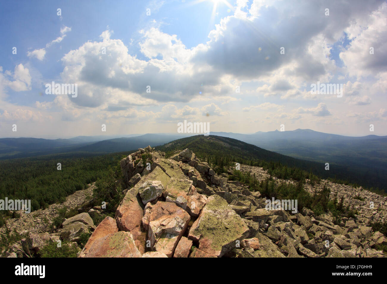 Panoramic view of the mountains and cliffs, South Ural. Summer in the ...