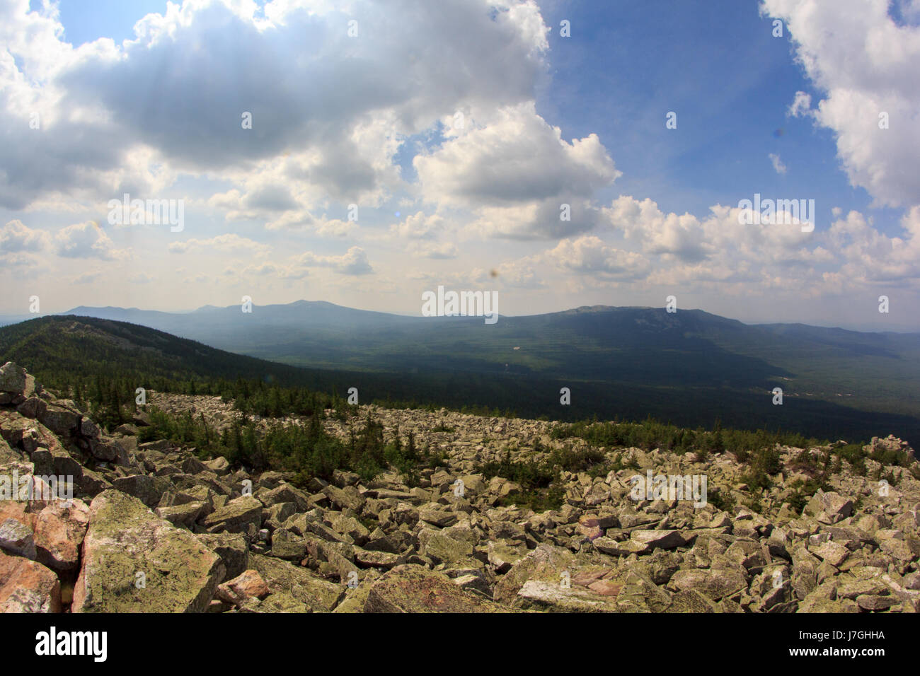 Panoramic view of the mountains and cliffs, South Ural. Summer in the ...
