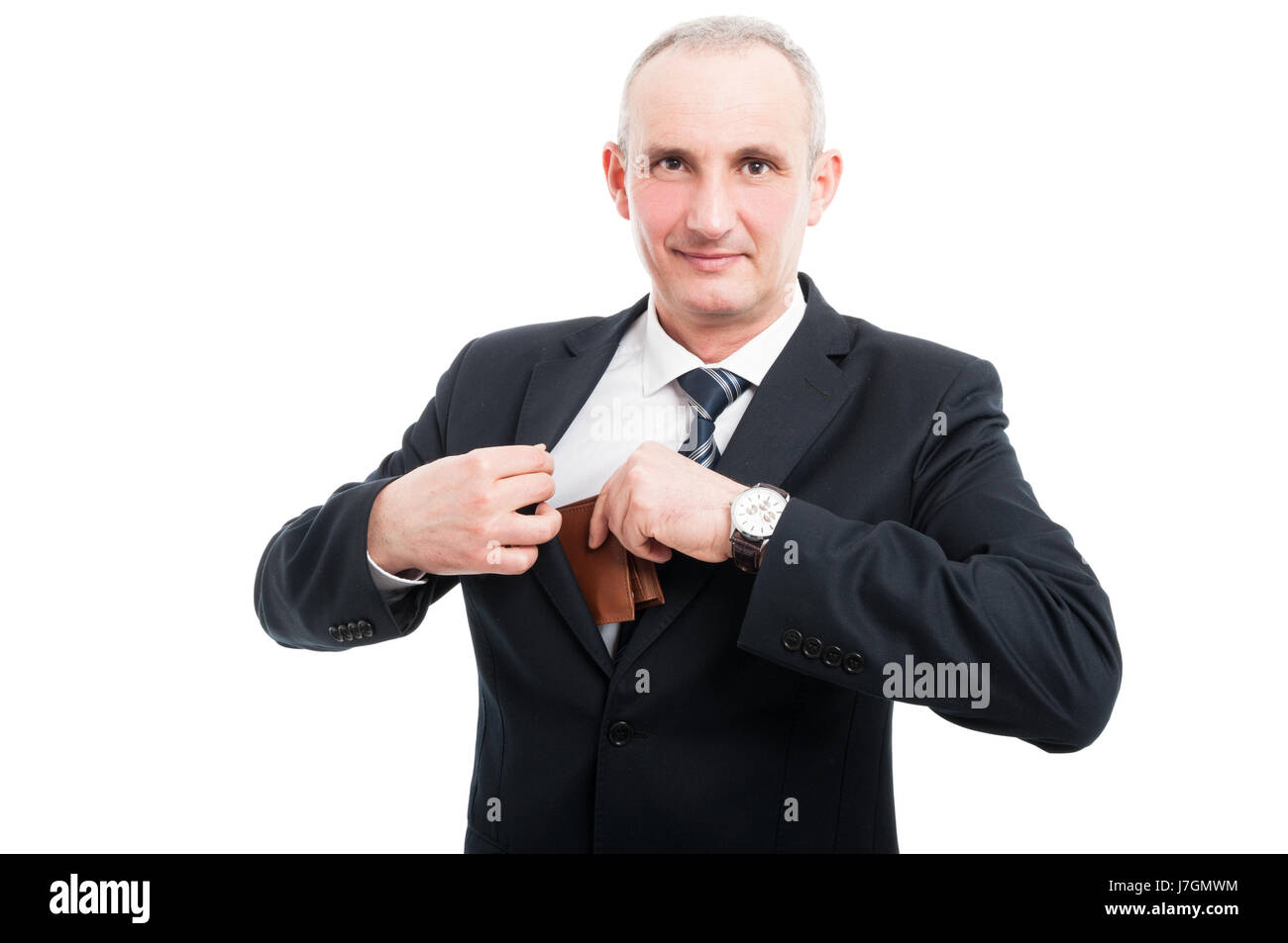 Portrait of elegant man taking out his wallet wearing suit and tie ...