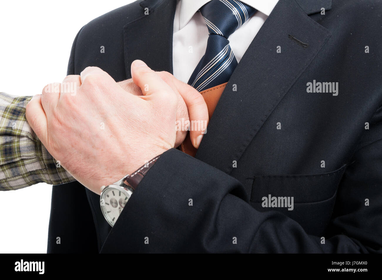 Close-up of hand stealing wallet from jacket pocket isolated on white ...