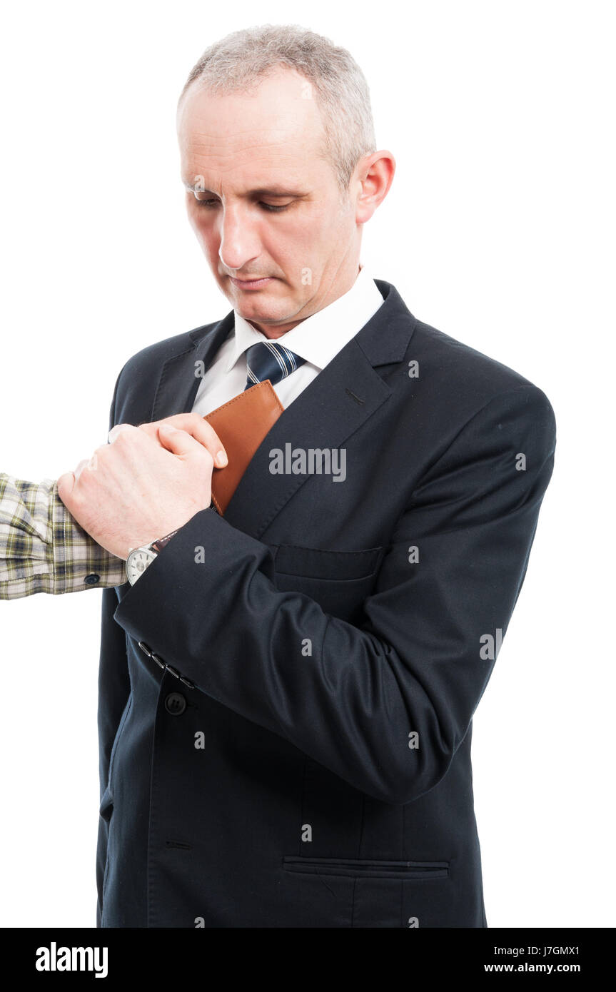 Portrait of elegant man being stolen by a stranger isolated on white ...