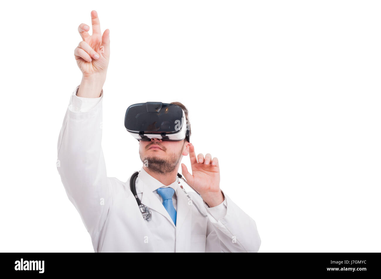 Doctor with vr glasses pointing finger on the corner of screen isolated ...