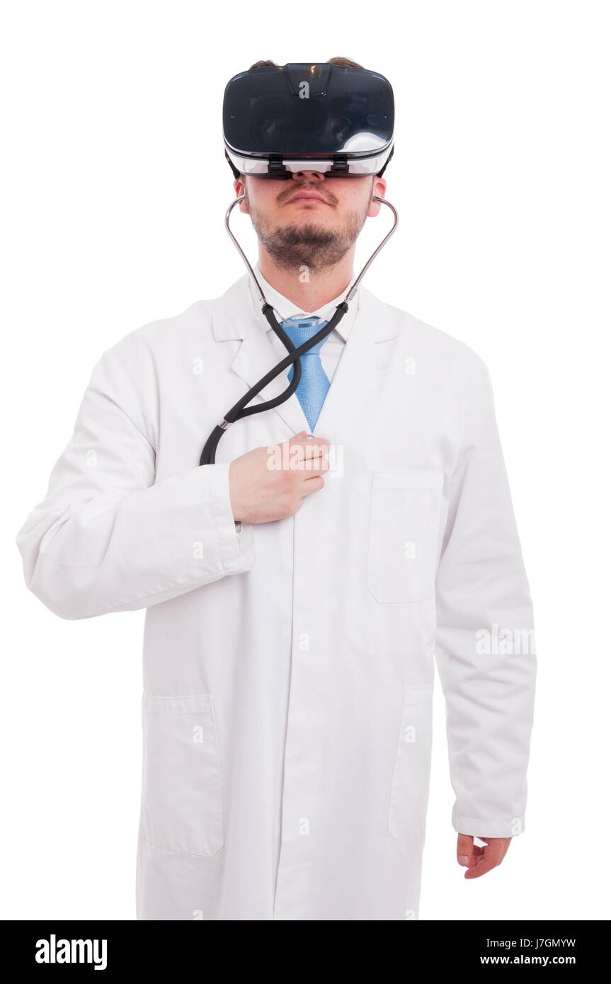 Modern medic or doctor using stethoscope to listen his heart as medical ...