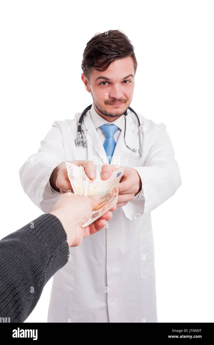 Doctor receiving money from patient isolated on white background as ...