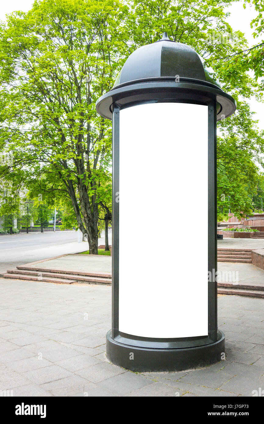 Mock up of retro style street advertising column stand on sidewalk ...