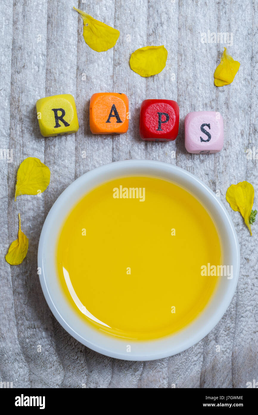 Raps (in german canola) with blossom and oil concept on gray wood Stock ...