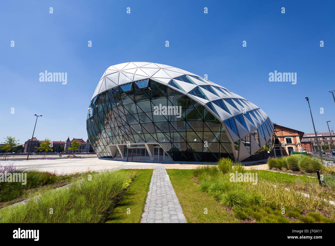 CET Budapest modern whale shaped building on the bank of Danube river ...