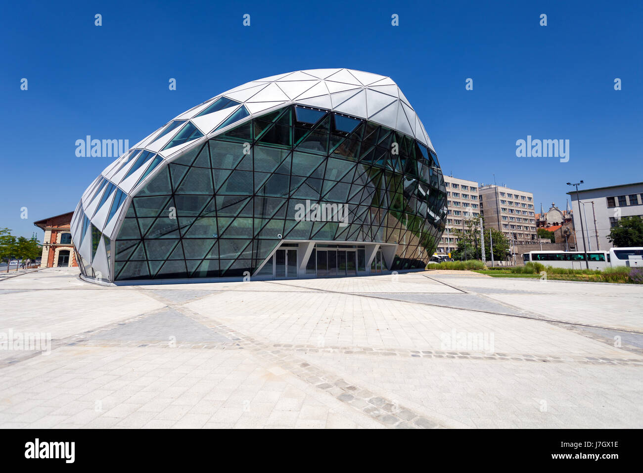 CET Budapest modern whale shaped building on the bank of Danube river ...