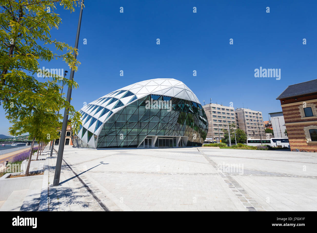 CET Budapest modern whale shaped building on the bank of Danube river ...