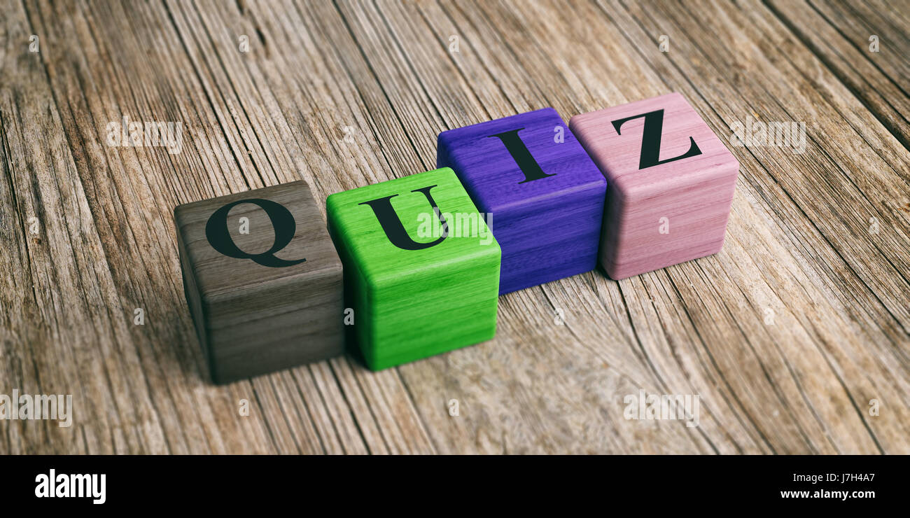 Word Quiz on wooden blocks and wooden background. 3d illustration Stock ...
