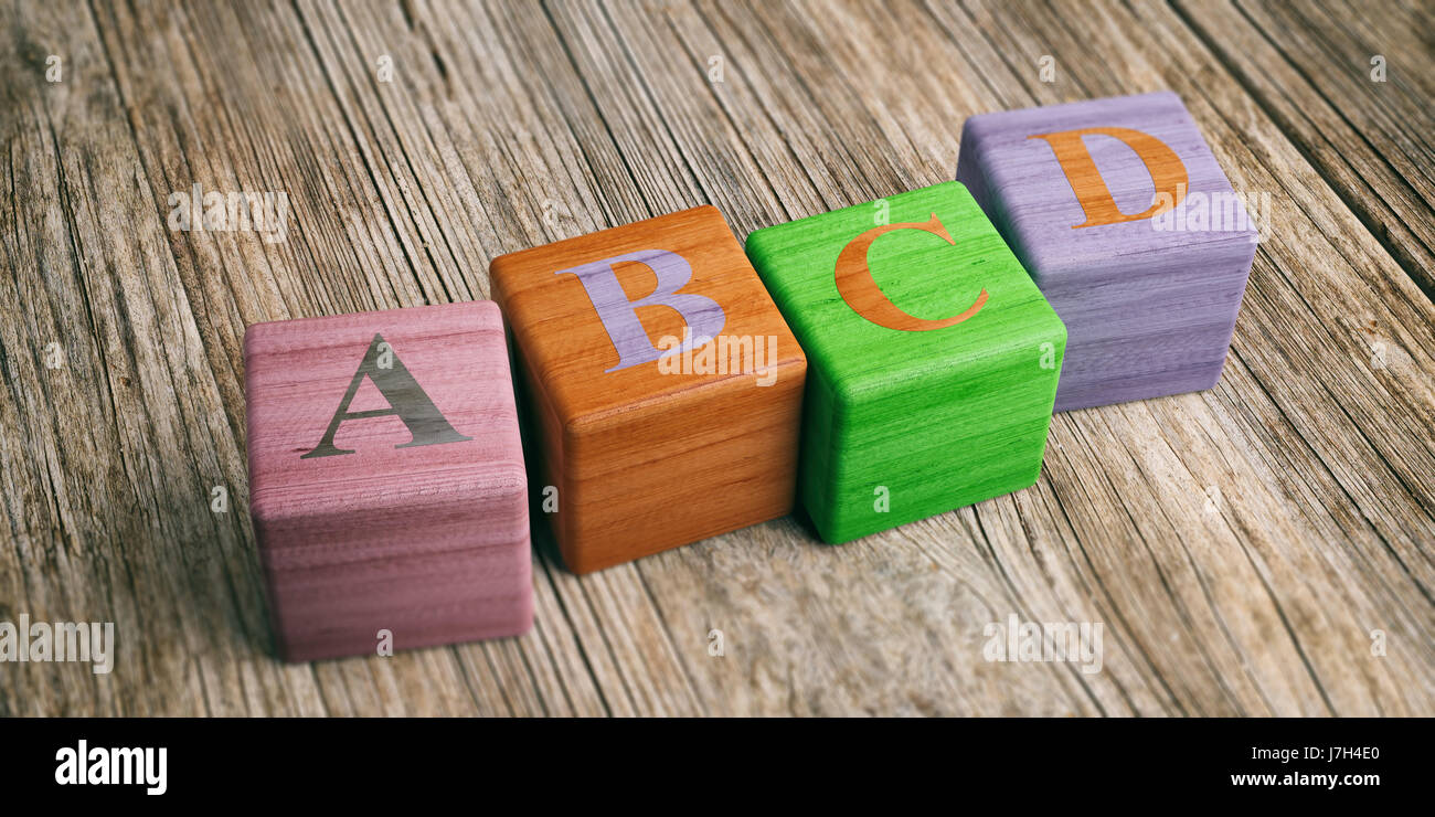 School concept - abcd letters on wooden blocks. 3d illustration Stock ...
