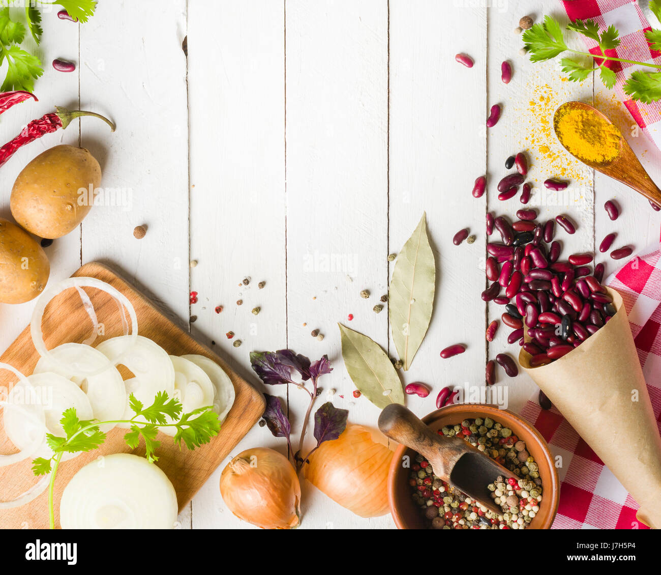 Preparation of soup at home. Rustic white background with vegetables ...