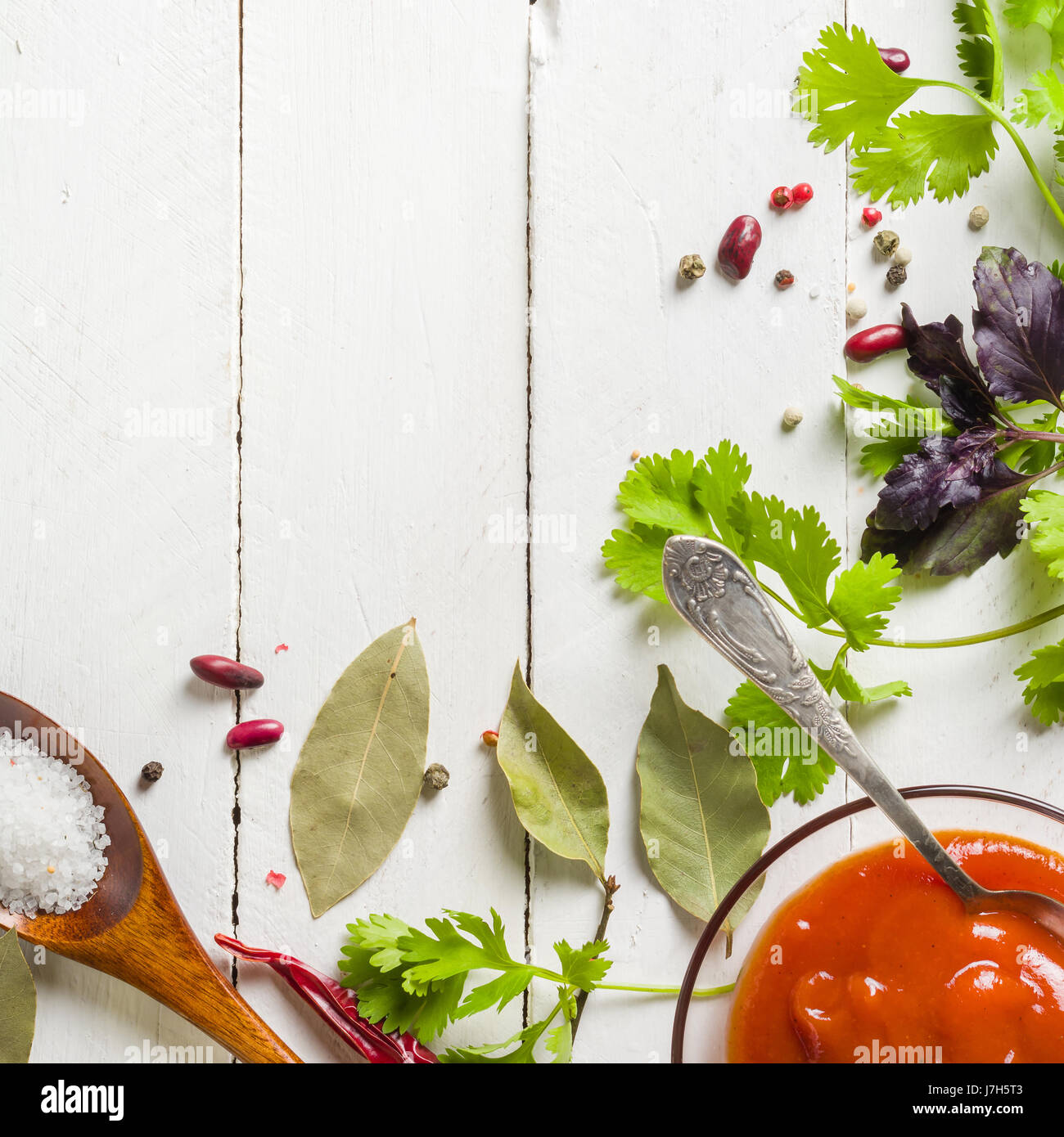 Preparation of soup at home. Rustic white background with vegetables ...