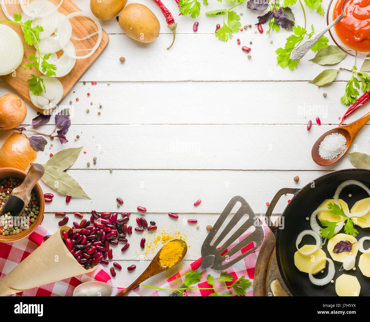 Preparation of soup at home. Rustic white background with vegetables ...