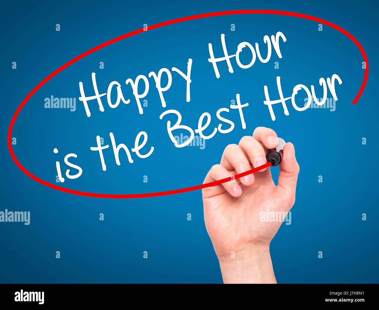 Man Hand writing Happy Hour is the Best Hour with black marker on ...
