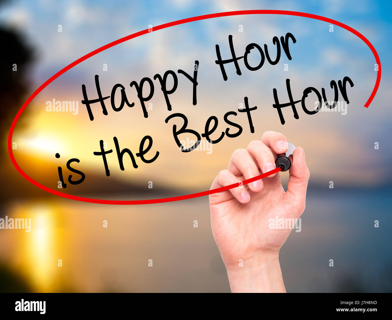 Man Hand writing Happy Hour is the Best Hour with black marker on ...
