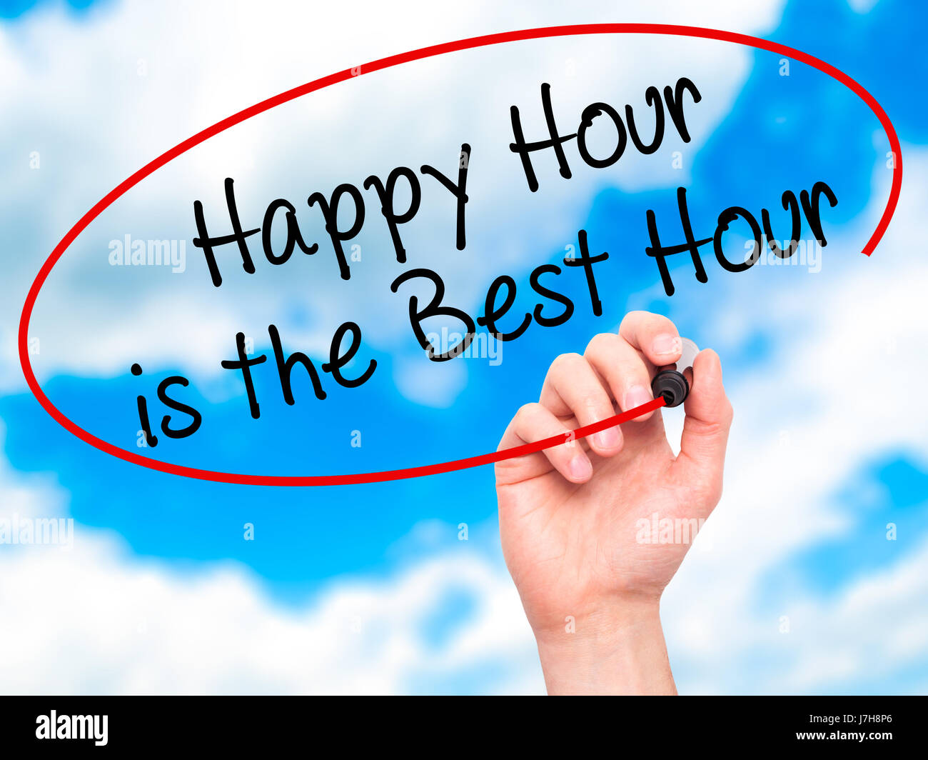 Man Hand writing Happy Hour is the Best Hour with black marker on ...