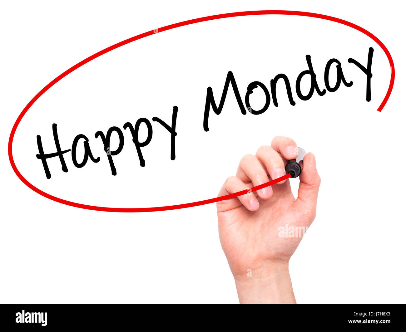 Man Hand writing Happy Monday with black marker on visual screen ...