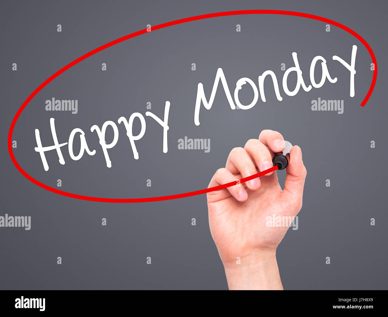 Man Hand writing Happy Monday with black marker on visual screen ...