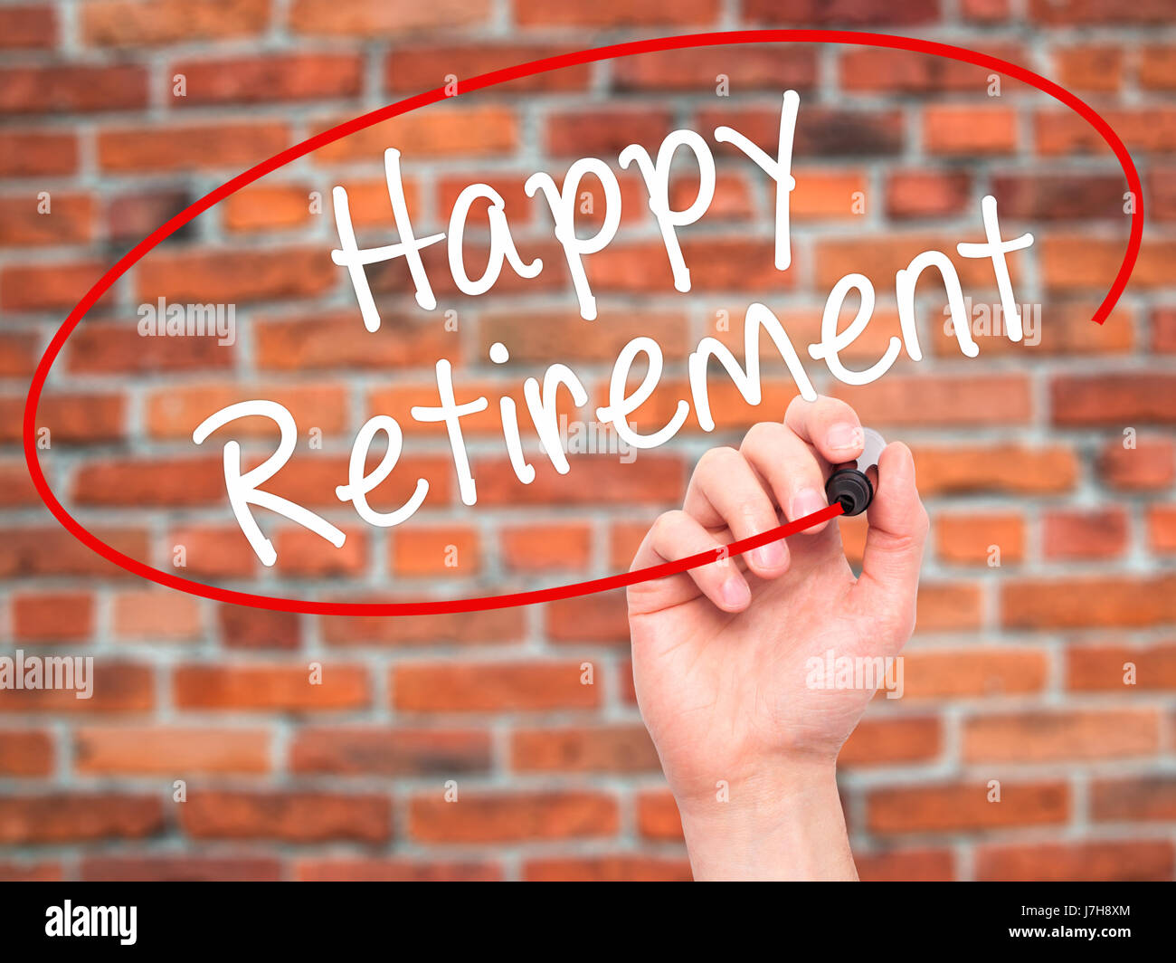 Man Hand writing Happy Retirement with black marker on visual screen ...